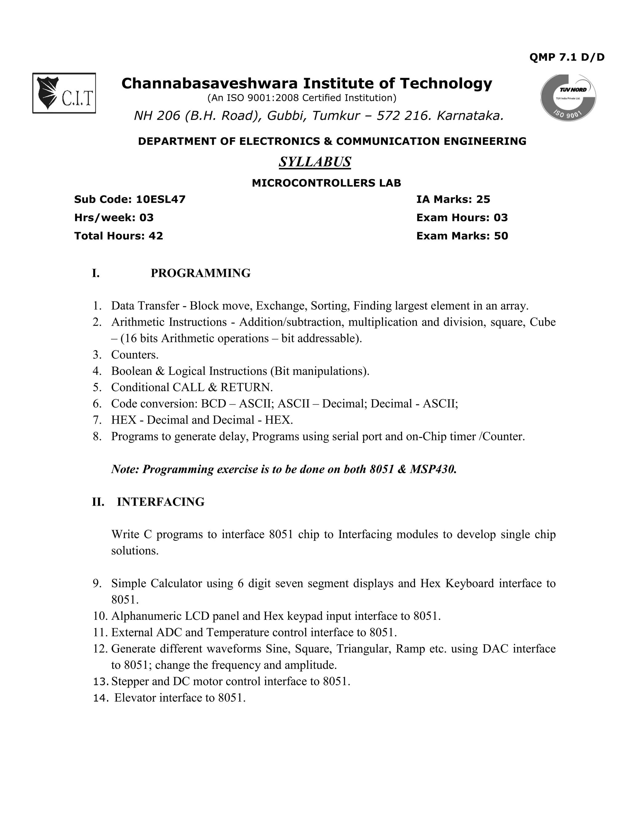 Micrcontroller iv sem lab manual | PDF