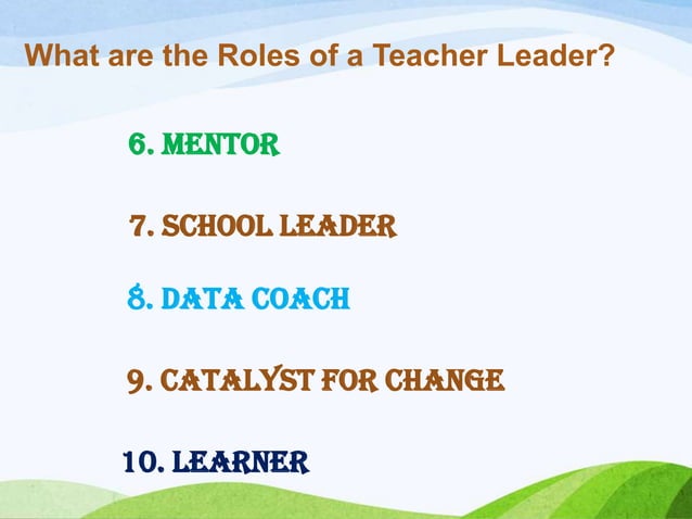 Teacher Leader: The roles of the teacher leader | PPTX | Professional ...