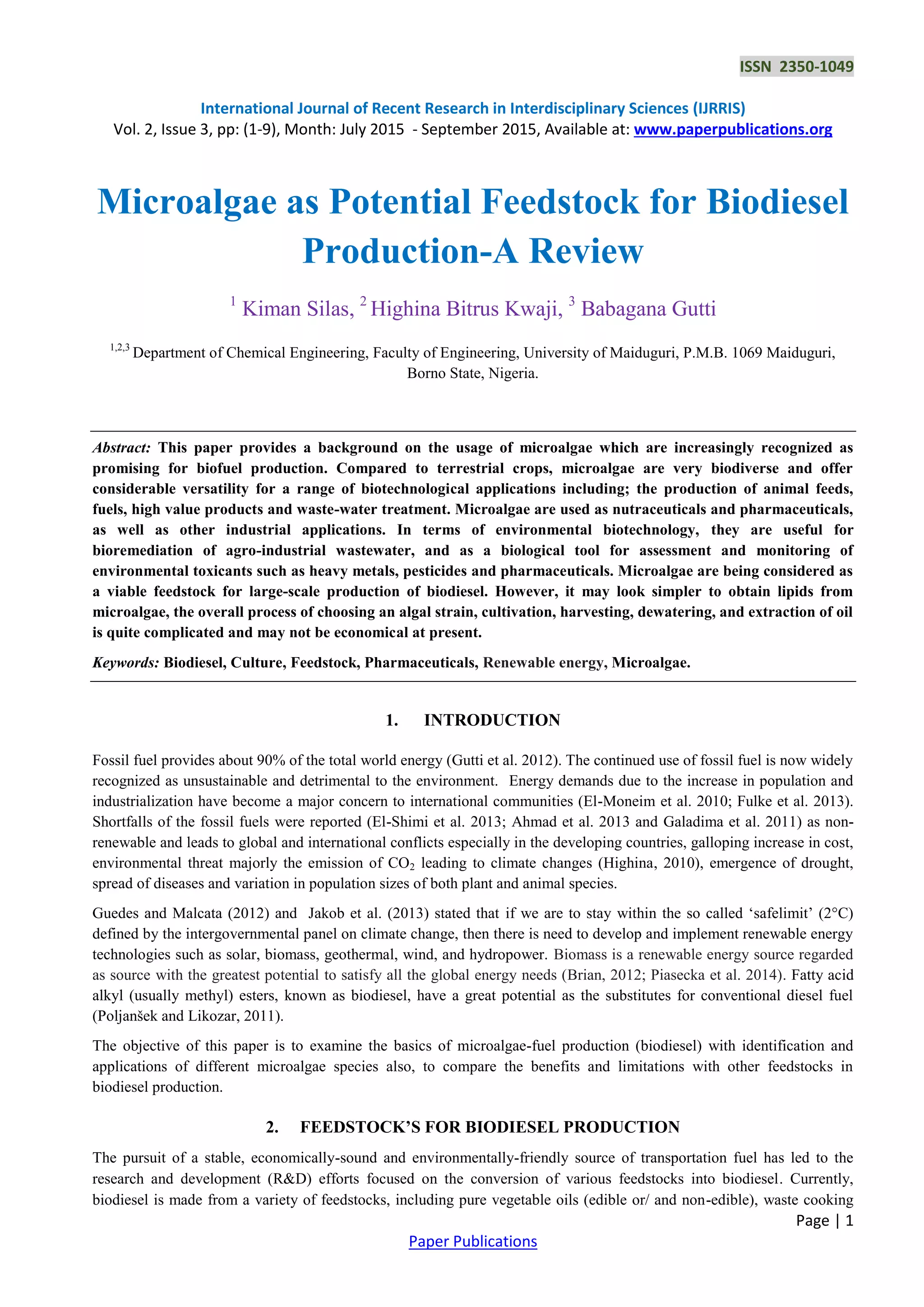Microalgae as Potential Feedstock for Biodiesel Production-A Review | PDF