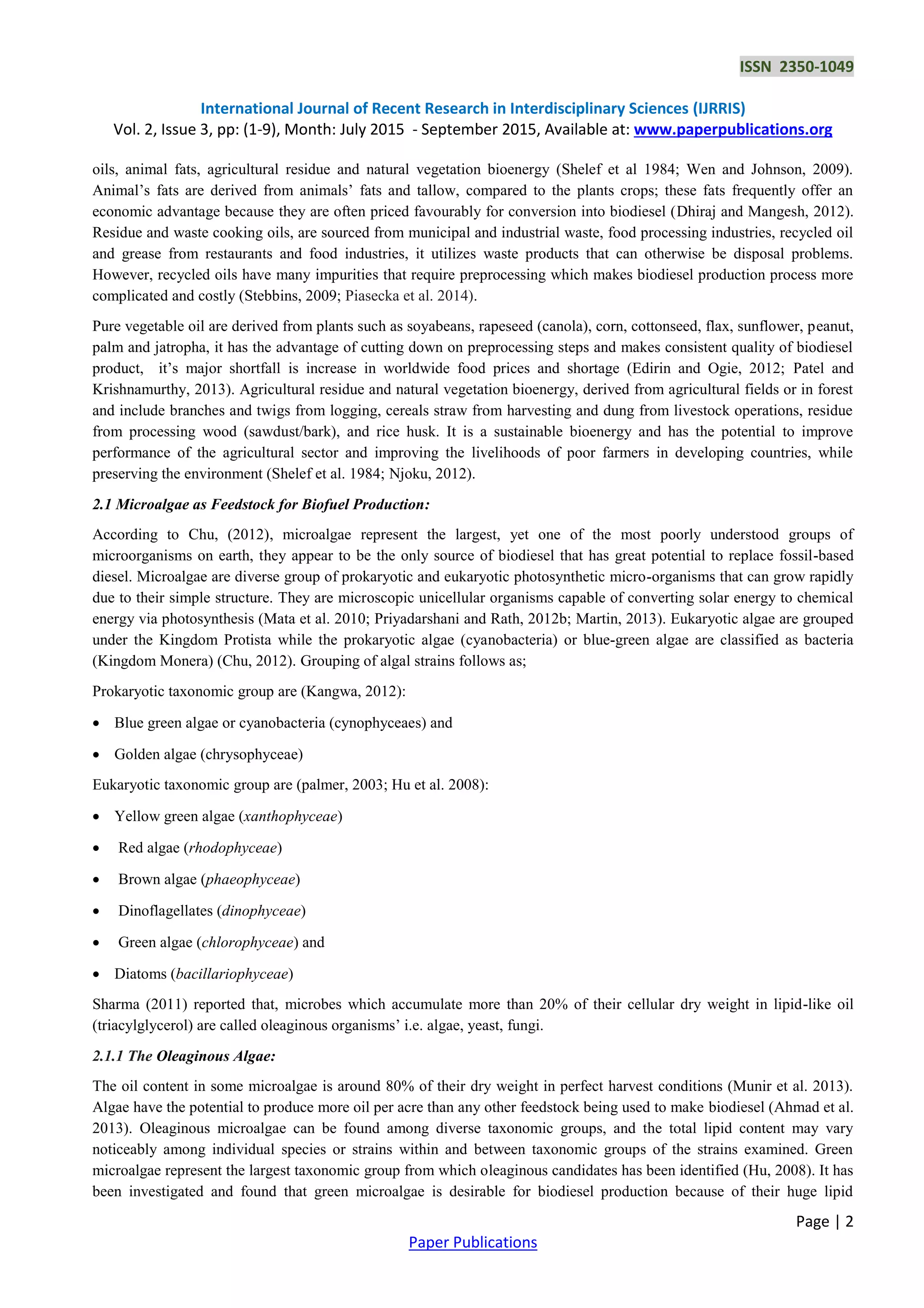 Microalgae as Potential Feedstock for Biodiesel Production-A Review | PDF