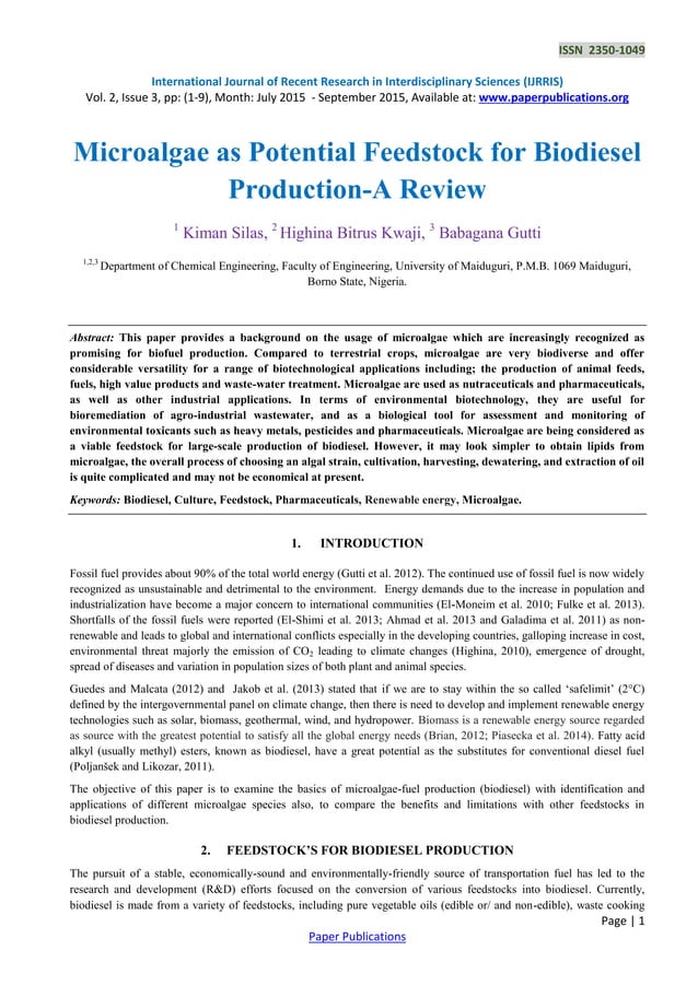 Microalgae as Potential Feedstock for Biodiesel Production-A Review | PDF
