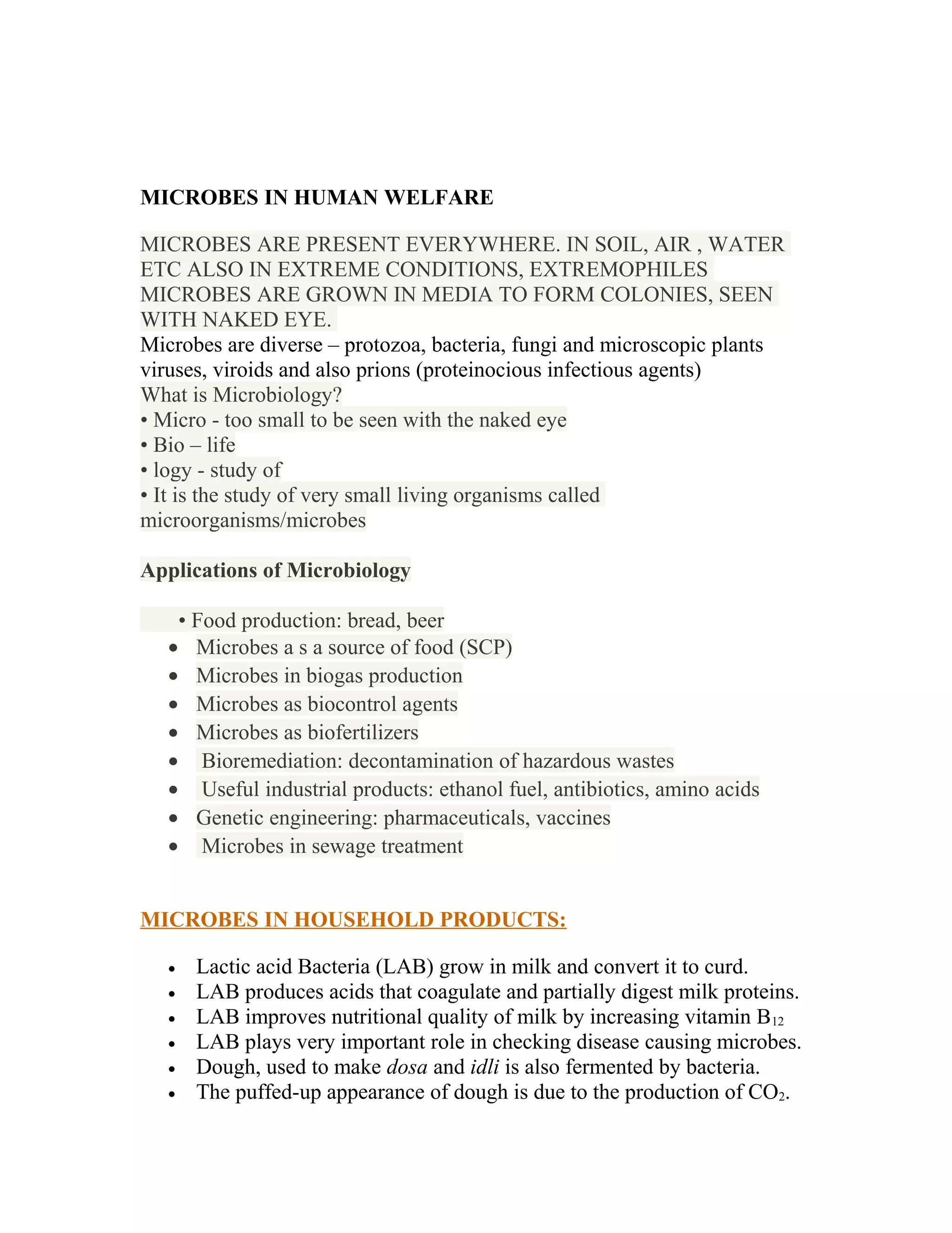 Notes for Microbes in Human Welfare - 12th Biology | DOC