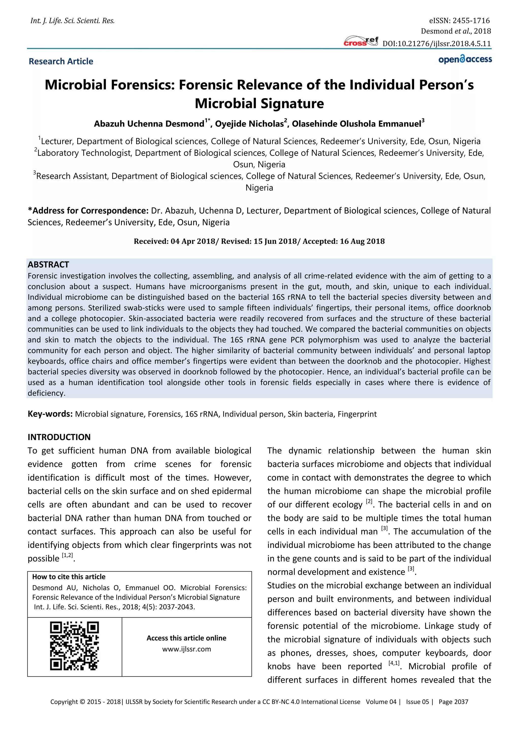 Microbial Forensics: Forensic Relevance of the Individual Person’s ...
