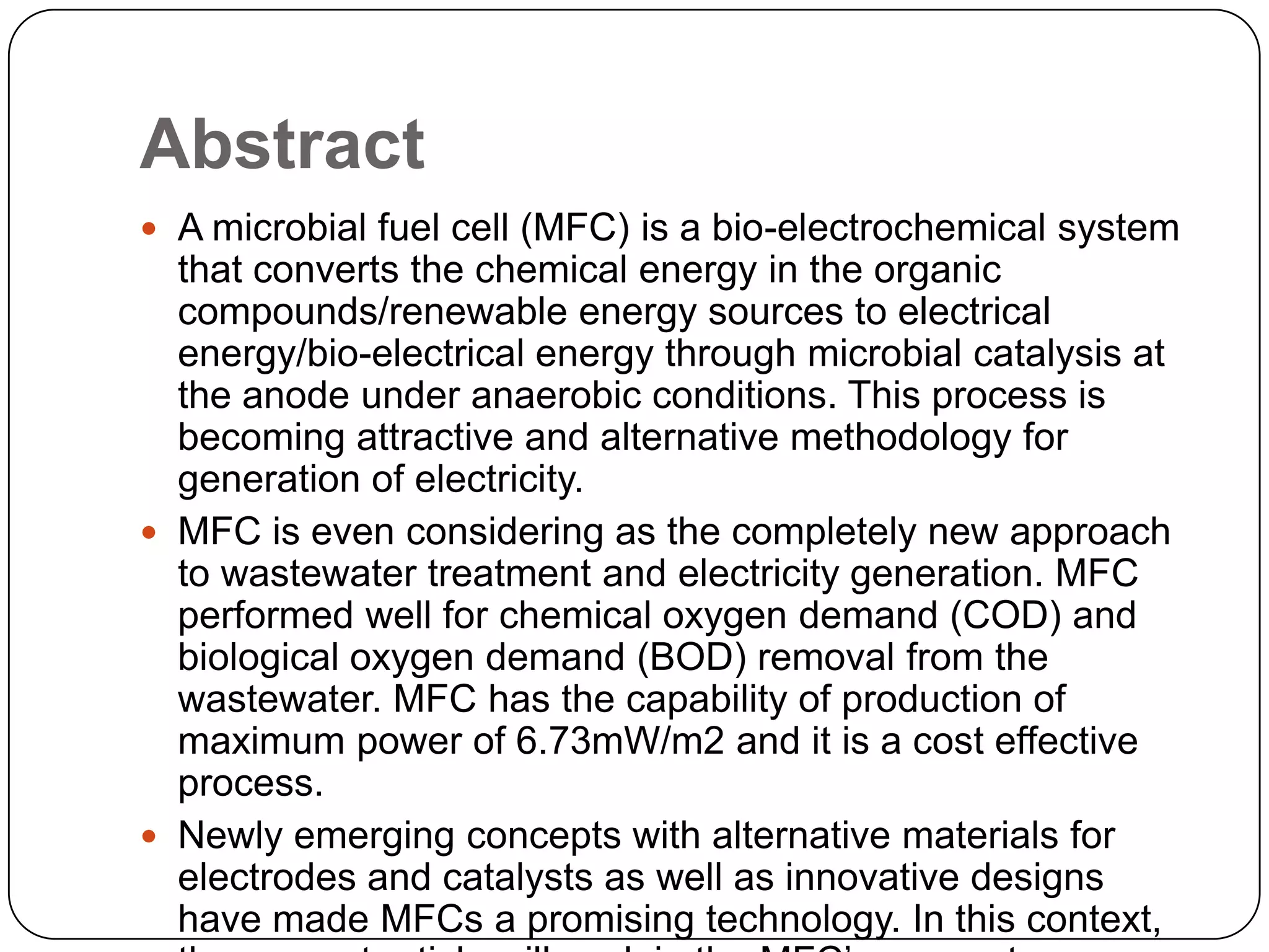 Microbial fuel cell – for conversion of chemical energy to electrical ...