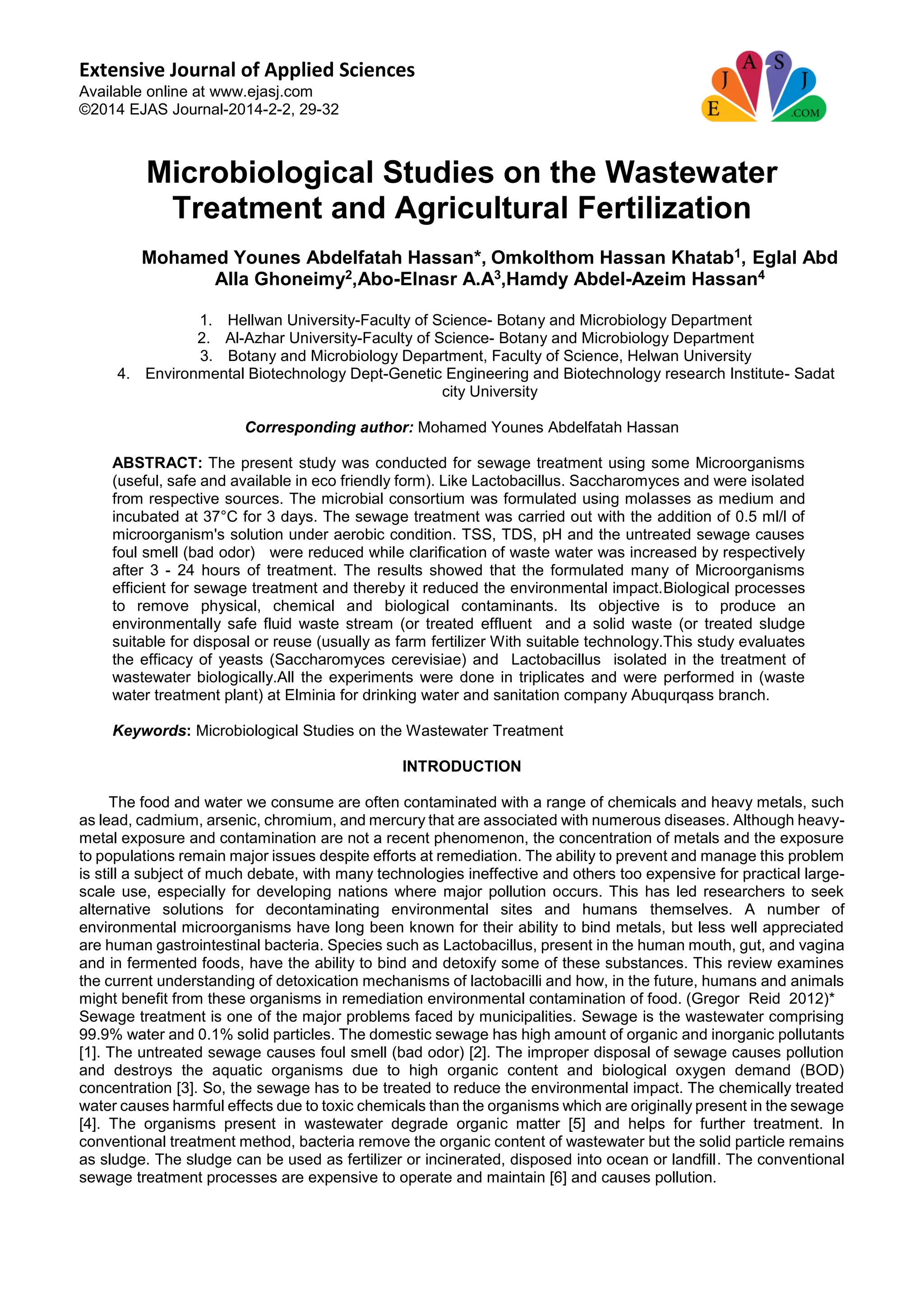 Microbiological studies on the wastewater treatment and agricultural ...