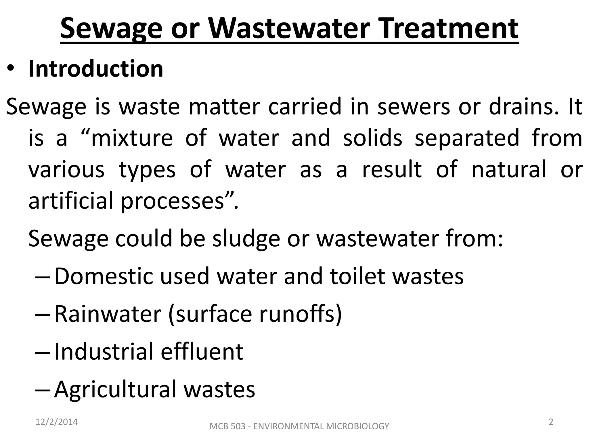 Microbiology of sewage and sewage treatment | PPTX