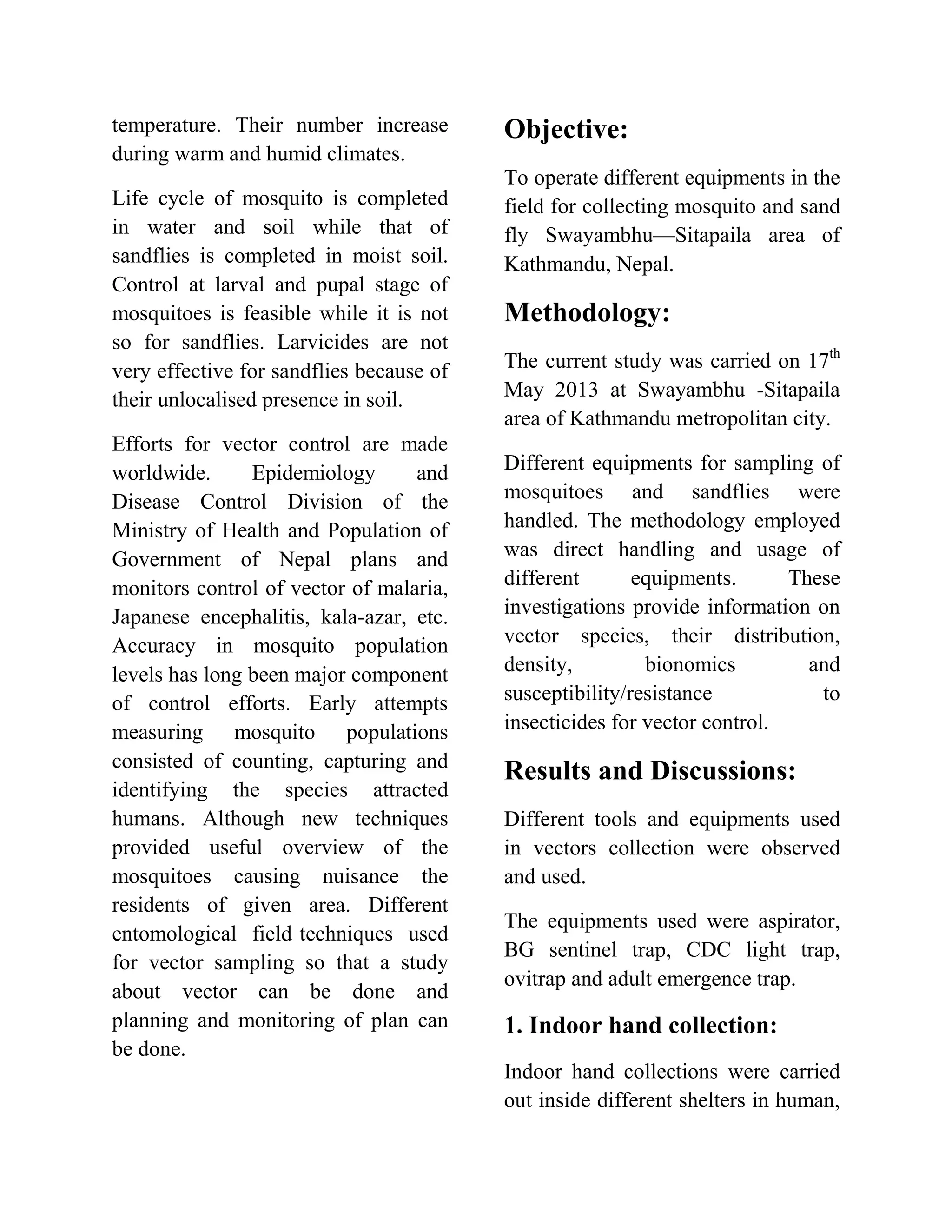 Entomological field techniques for mosquito and sand fly collection: a ...