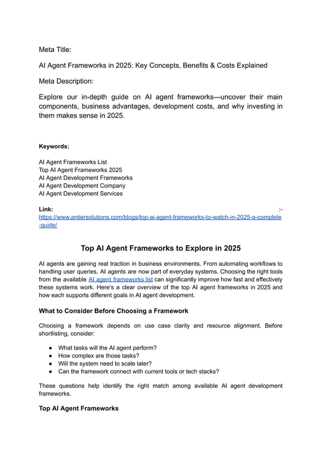 AI Agent Frameworks in 2025: Key Concepts, Benefits & Costs Explained | PDF