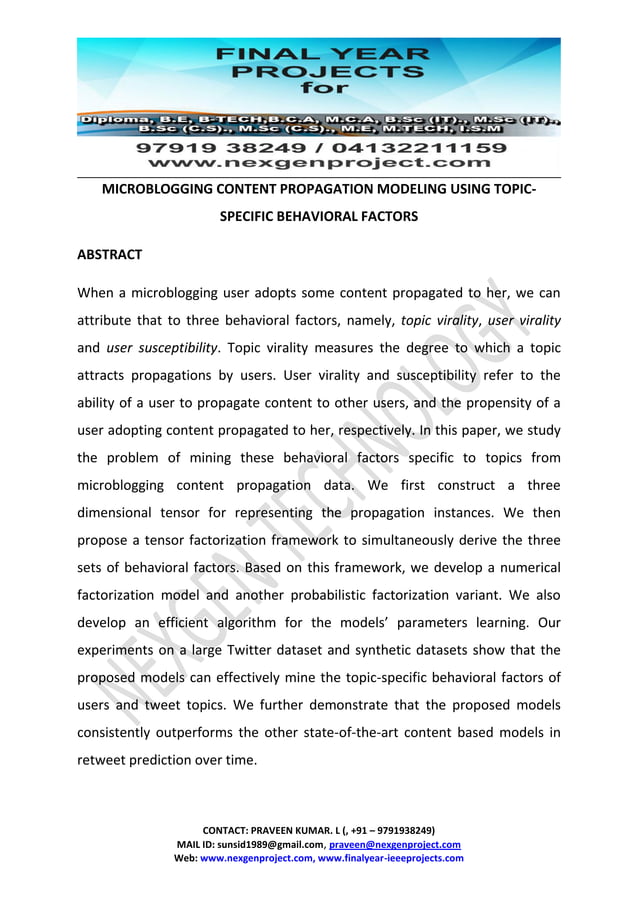 MICROBLOGGING CONTENT PROPAGATION MODELING USING TOPIC-SPECIFIC BEHAVIORAL FACTORS | PDF