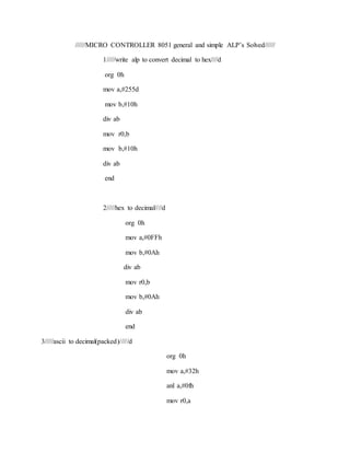 Microcontroller (8051) general and simple alp n cprograms | DOCX
