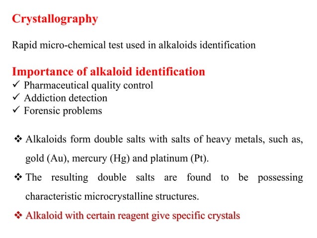 Microcrystal tests for detection of alkaloids | PPTX | Chemistry | Science