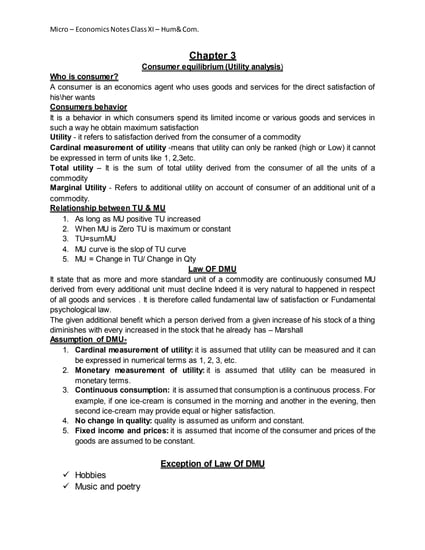 Micro Economics Class Xi Consumer Equilibrium Docx