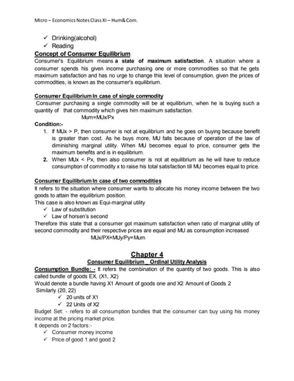 Micro Economics Class Xi Consumer Equilibrium Docx