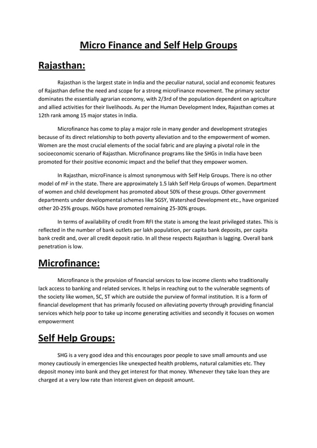 Micro finance and self help groups | PDF