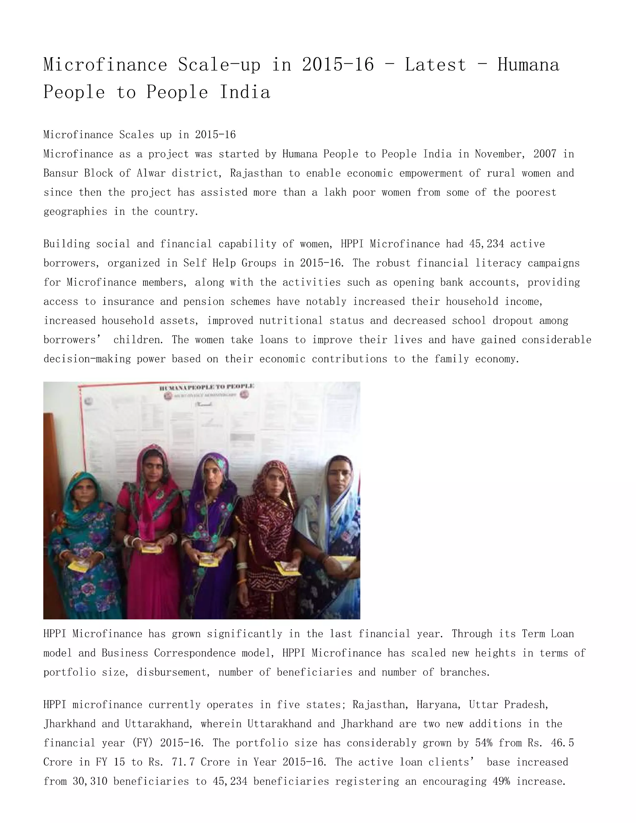 Microfinance scale up - humana people to people india | PDF