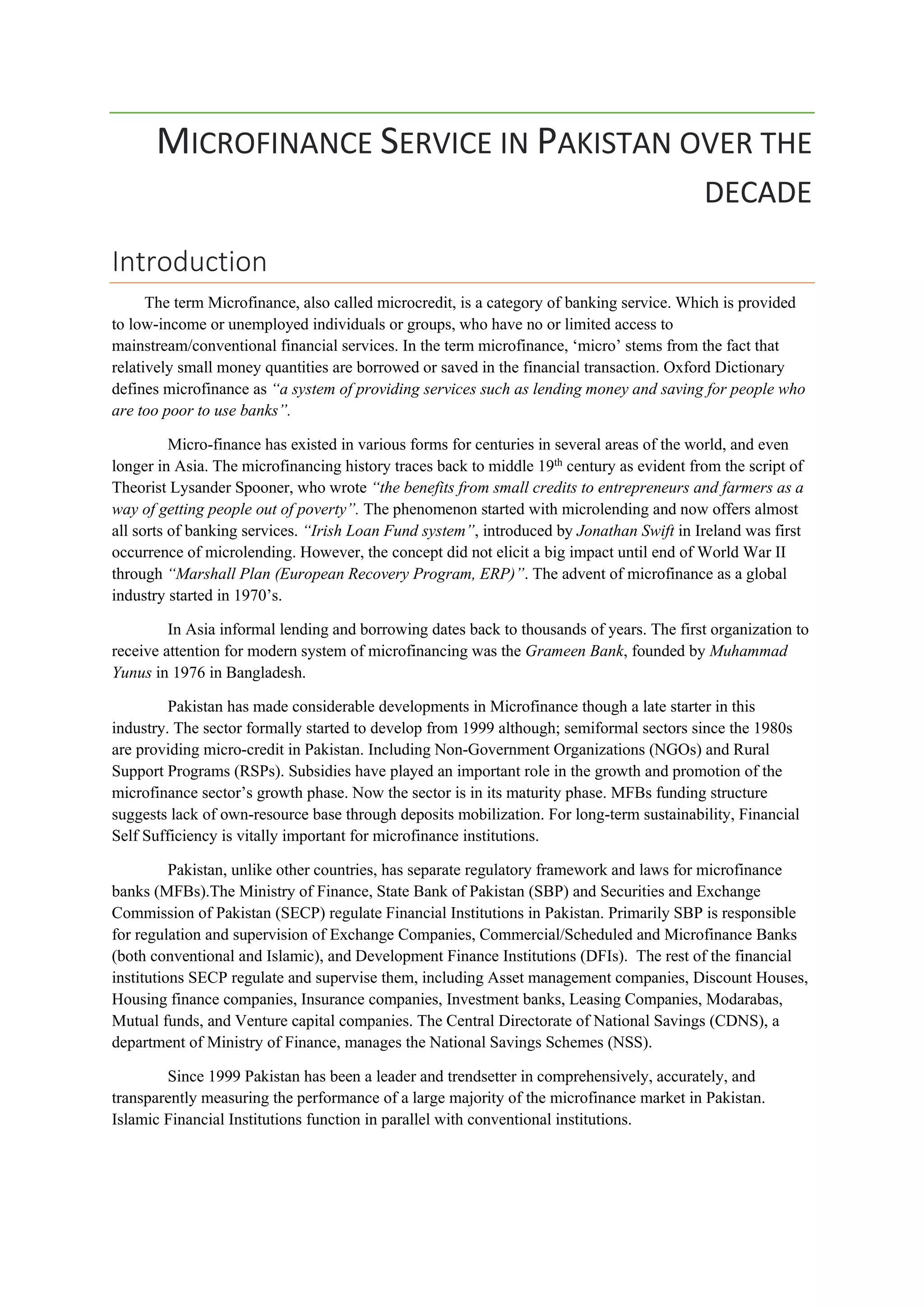 Microfinance service in pakistan over the decade | PDF