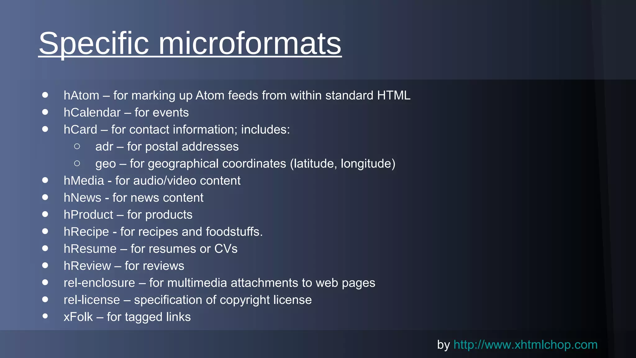 What is Microformats & Examples - XhtmlChop | PPT