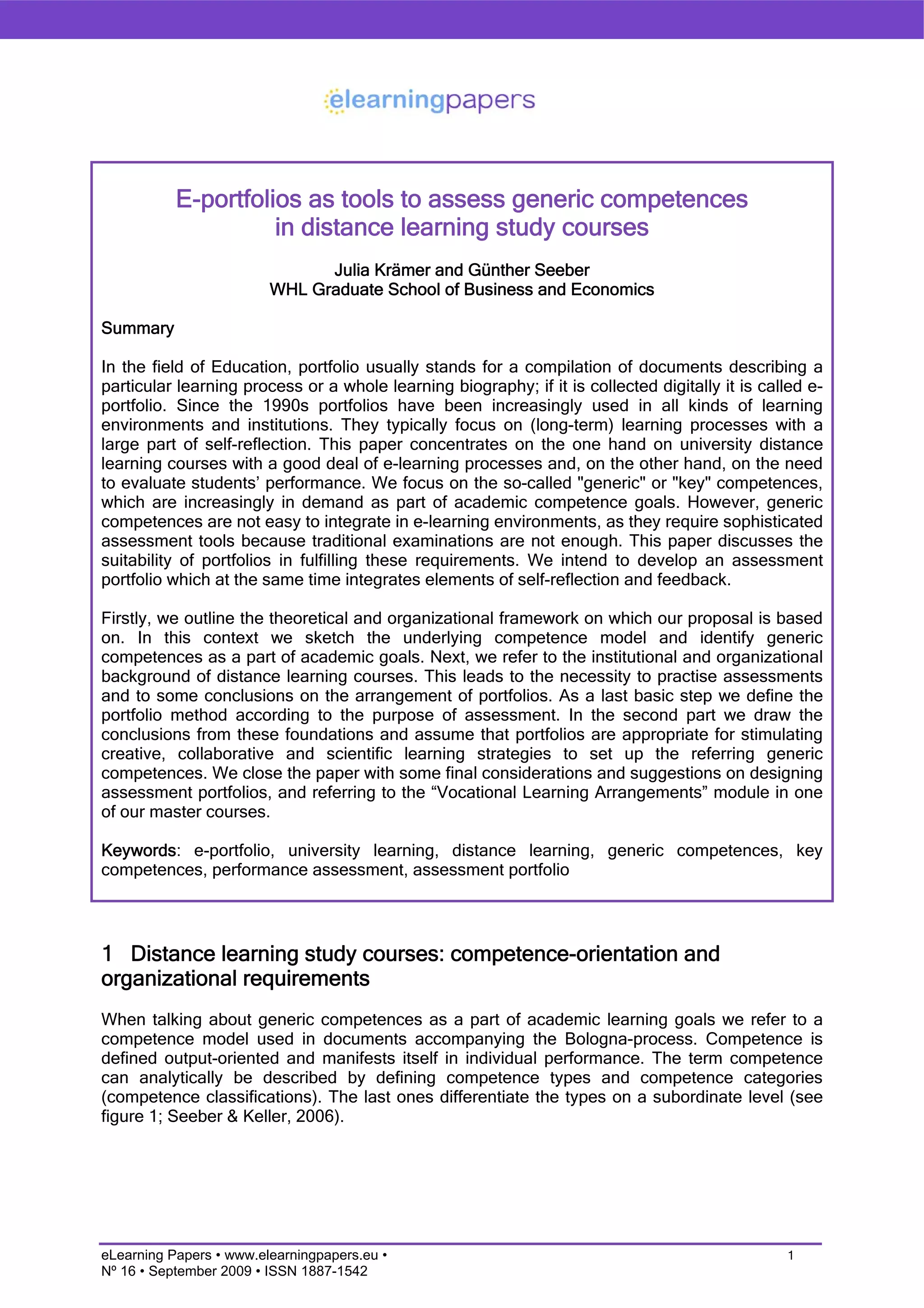 E-portfolios as tools to assess generic competences in distance learning study courses | PDF