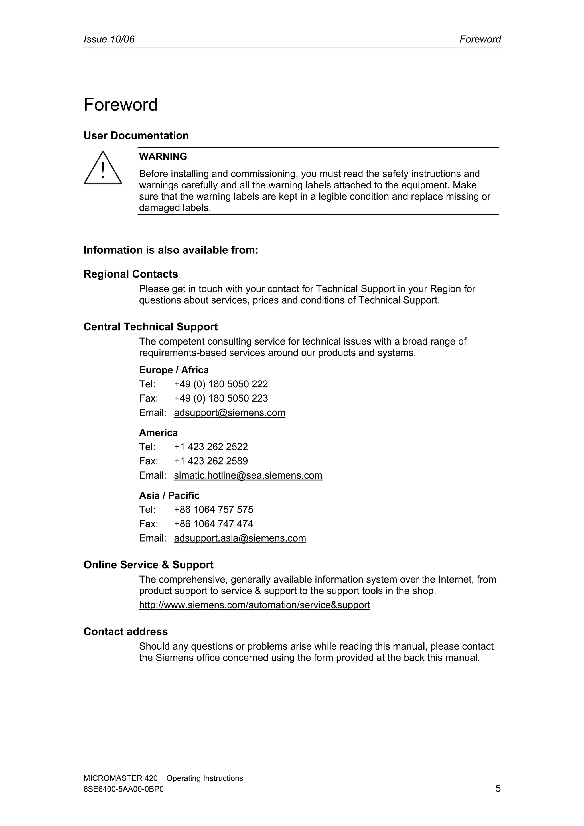 Micromaster 420 operating instructions | PDF