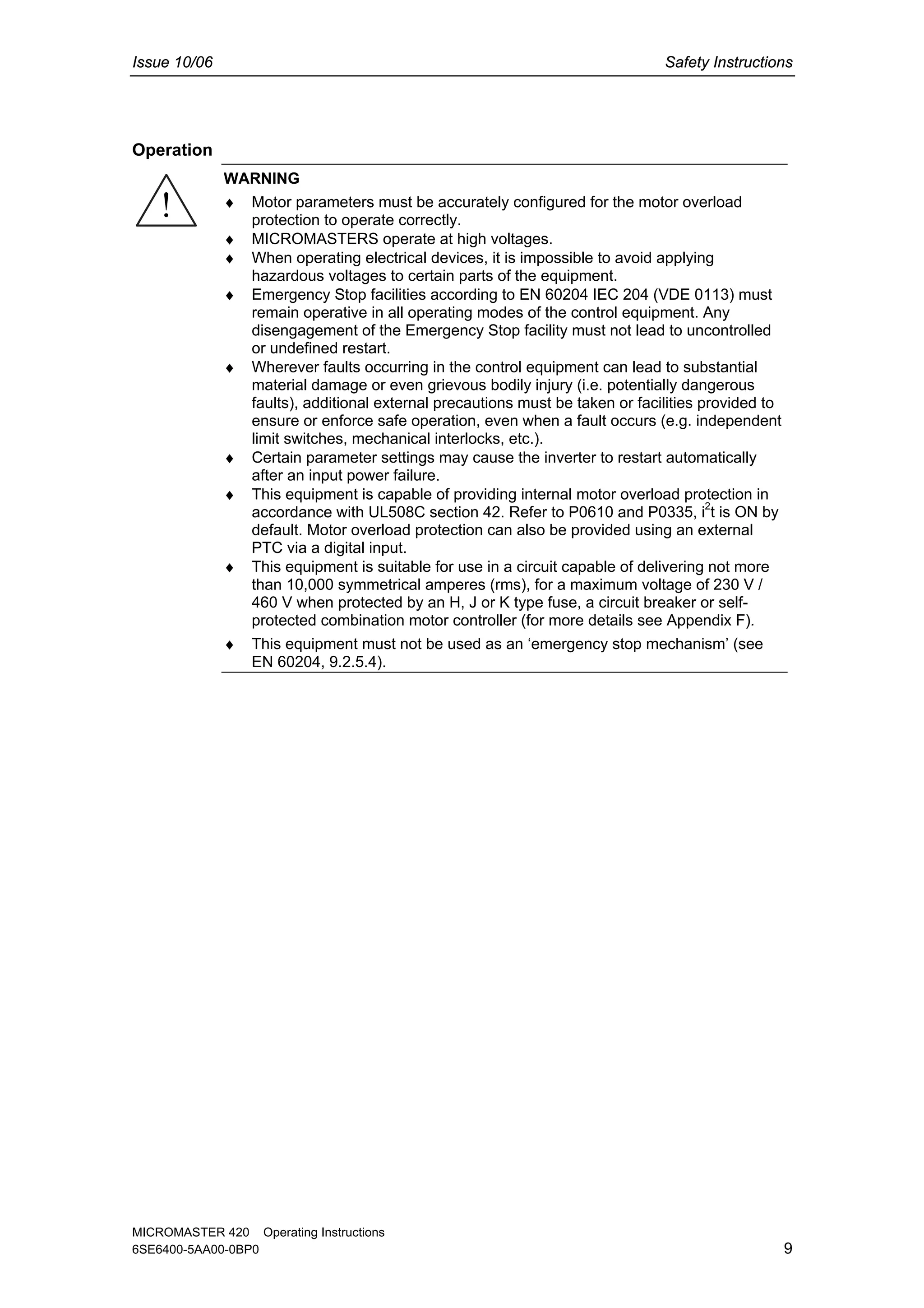 Micromaster 420 operating instructions | PDF