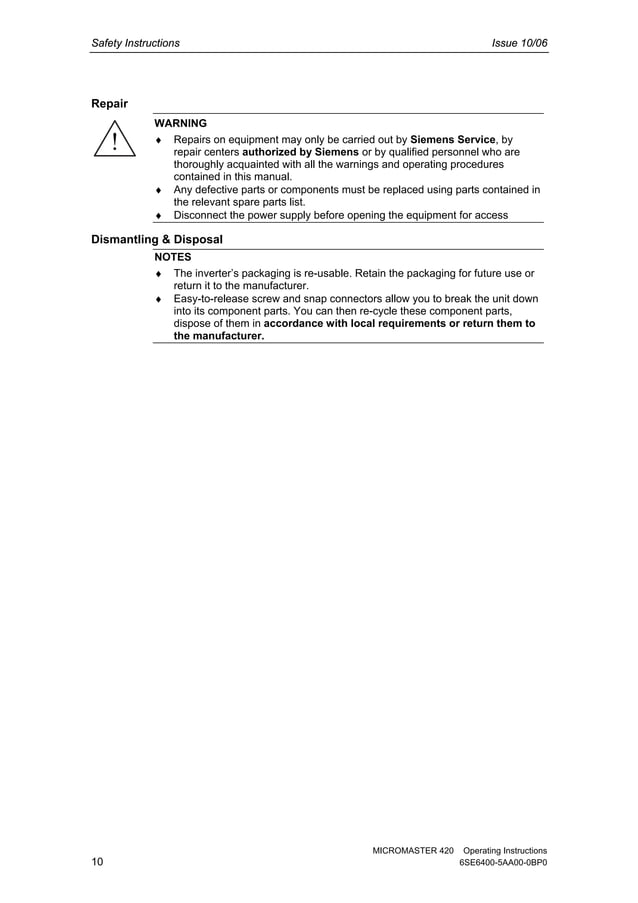 Micromaster 420 operating instructions | PDF