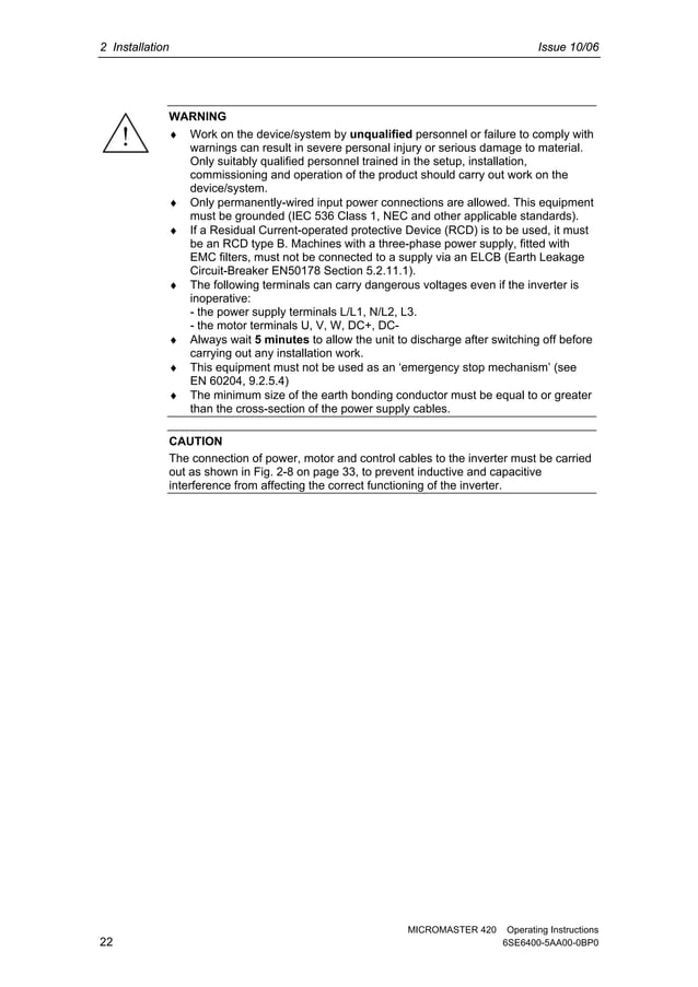 Micromaster 420 operating instructions | PDF