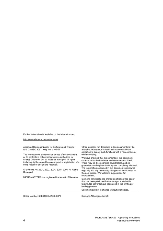 Micromaster 420 operating instructions | PDF