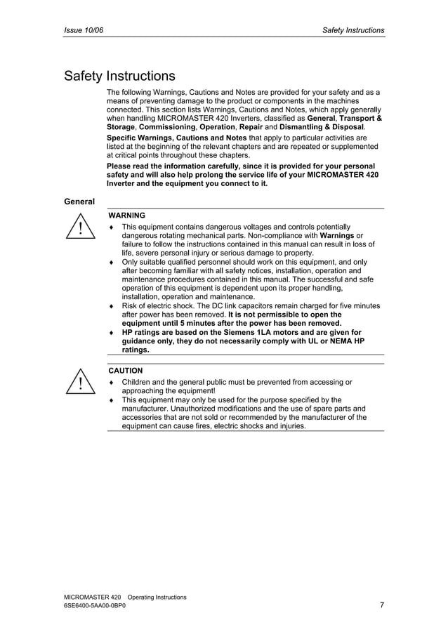 Micromaster 420 operating instructions | PDF