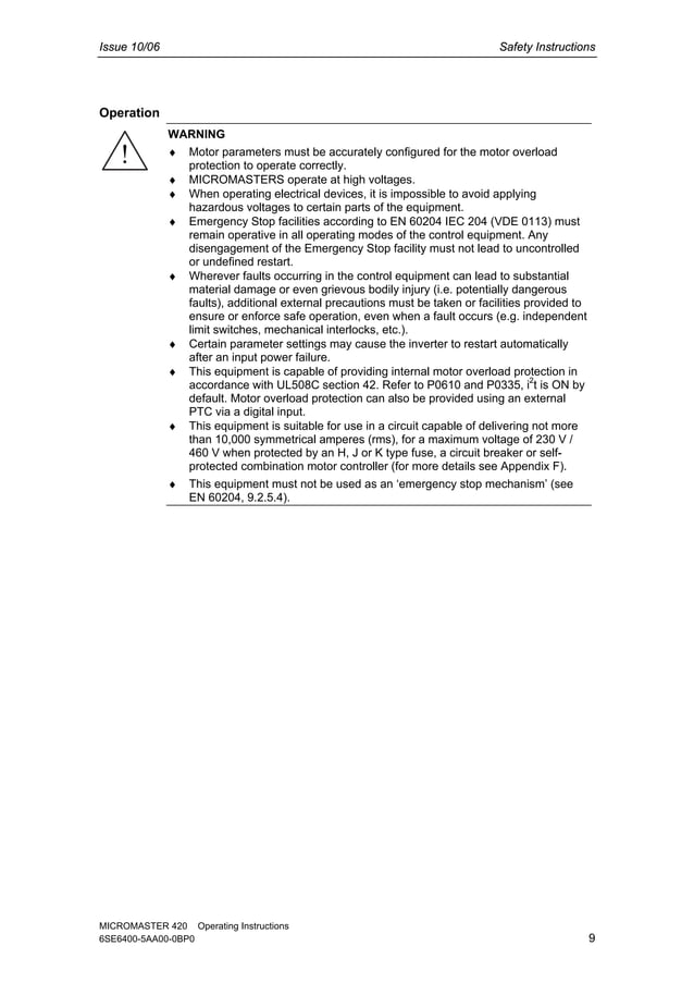 Micromaster 420 operating instructions | PDF