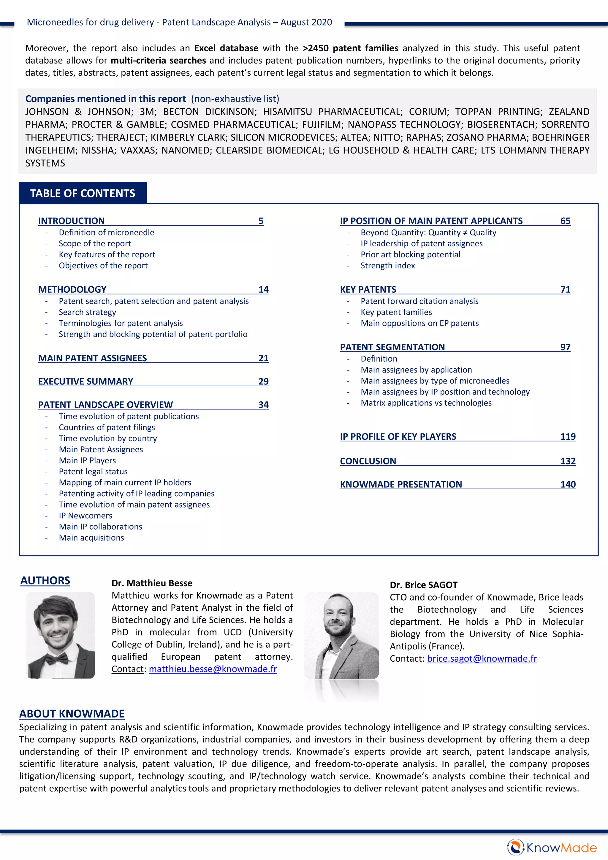 Microneedles for drug delivery patent landscape 2020 flyer | PDF