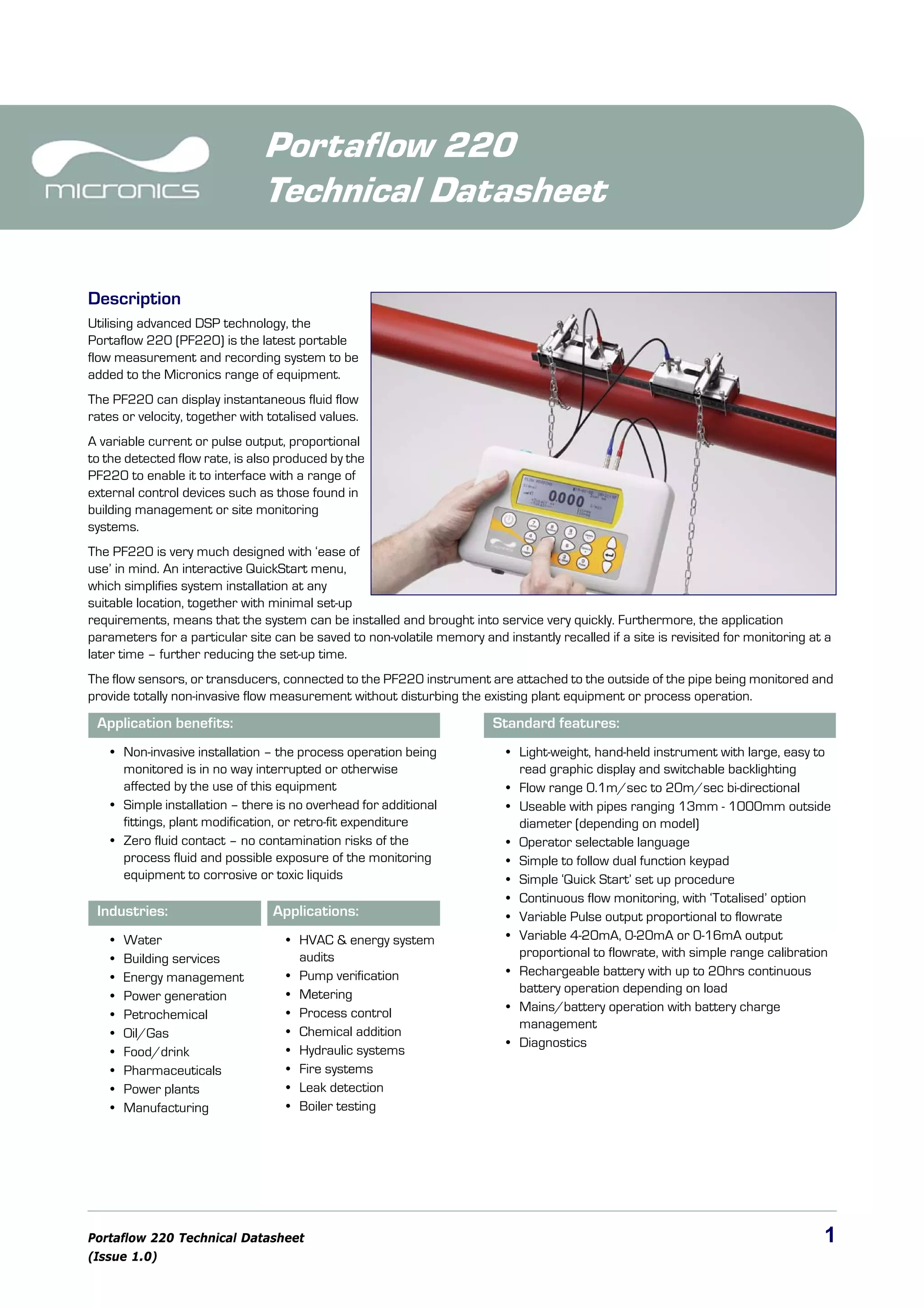 Micronics Clamp On Flow Meter Portaflow 220 - Spec Sheet | PDF