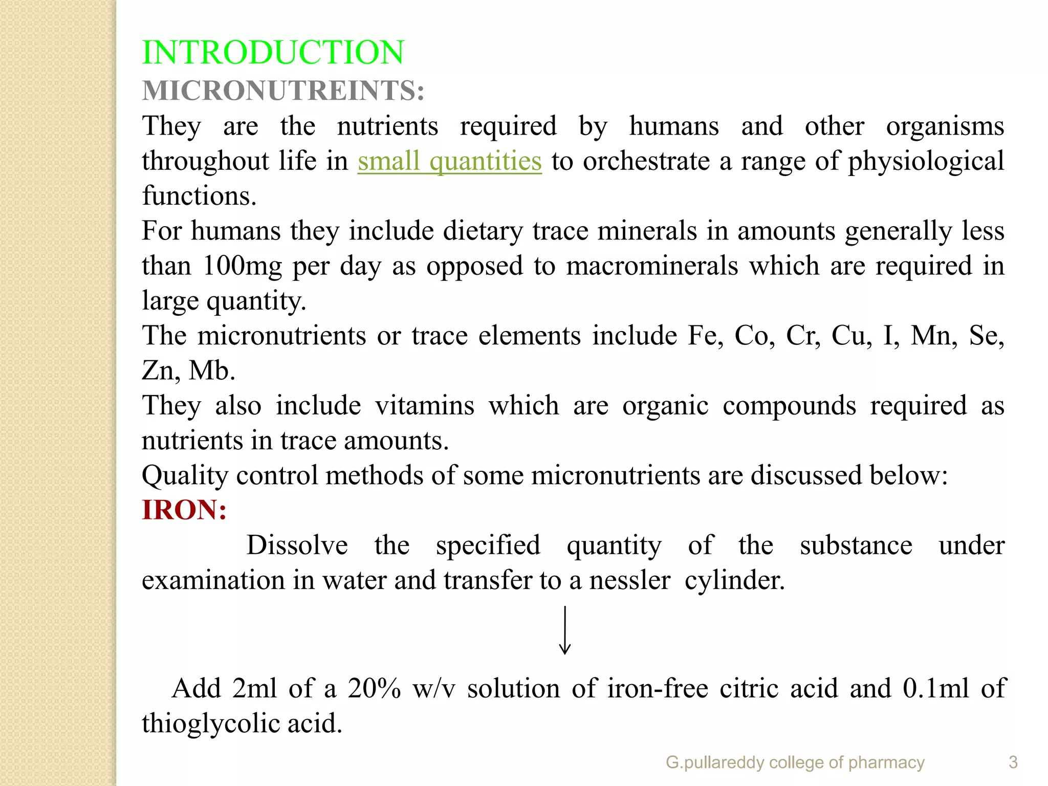 Micro nutrients quality control tests | PPTX