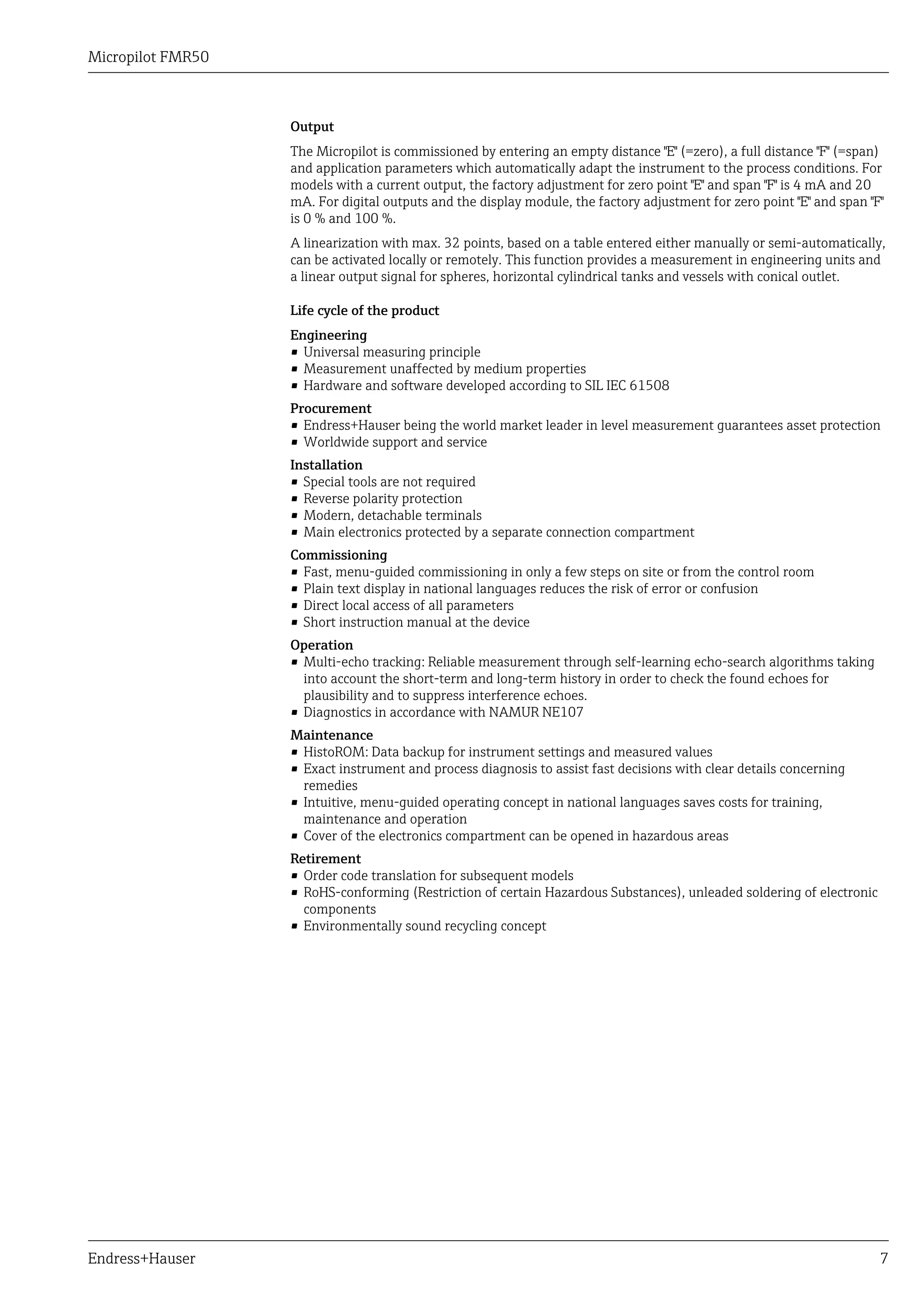 Micropilot fmr50 endress+hauser datasheet-free space radar | PDF