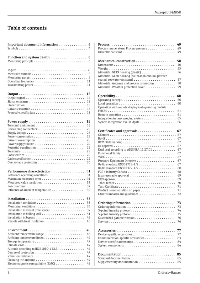 Micropilot fmr50 endress+hauser datasheet-free space radar | PDF ...