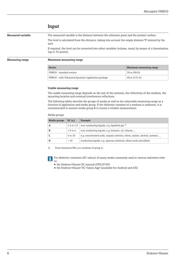 Micropilot fmr50 endress+hauser datasheet-free space radar | PDF ...