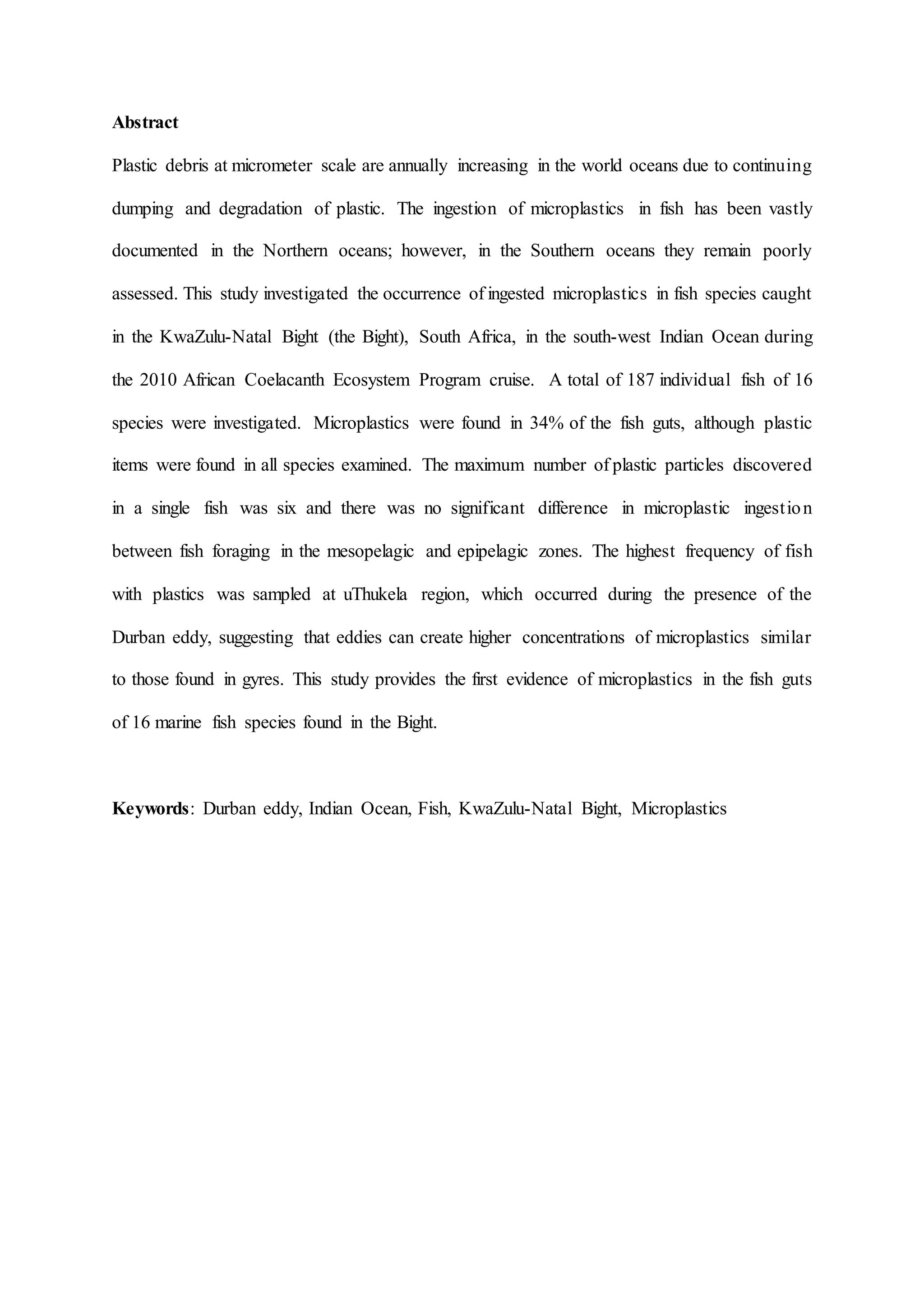 Abstract: Microplastics in fish from the KwaZulu-Natal Bight | PDF