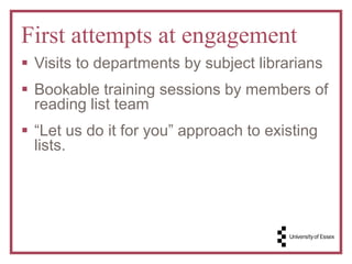 Lucy McCaul: Implementing Talis Aspire reading lists at Essex: attempts ...