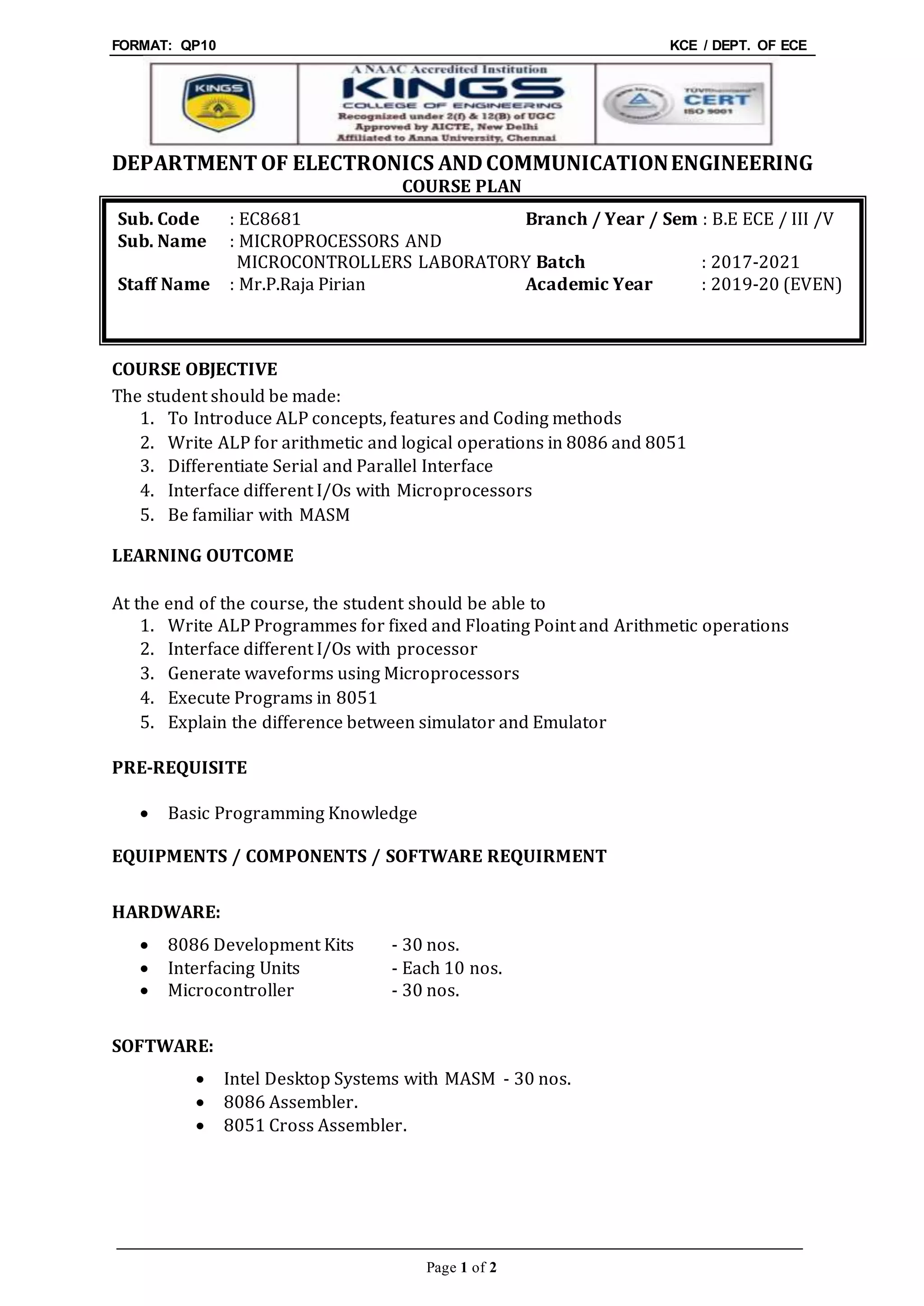 Micro proccesor practical course plan | DOC
