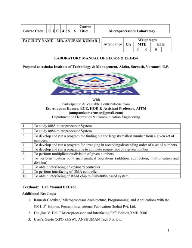 Microprocessor lab manual | PDF