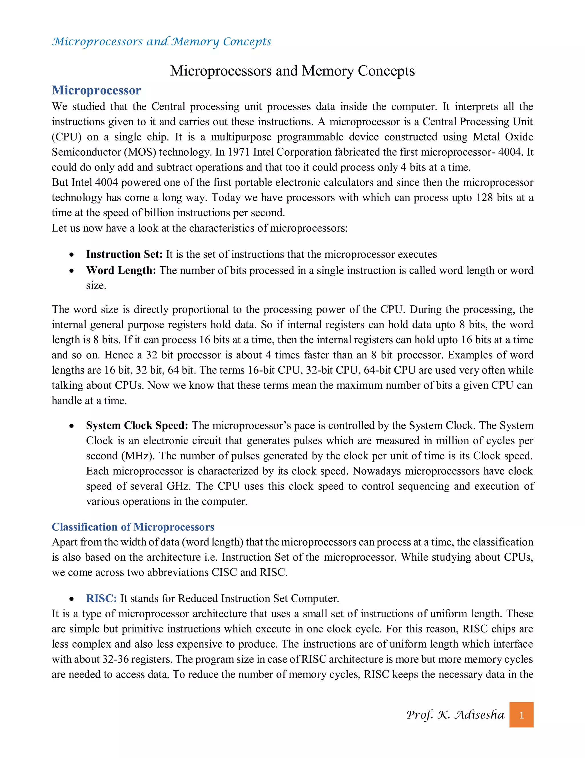 Microprocessors and memory concepts | PDF