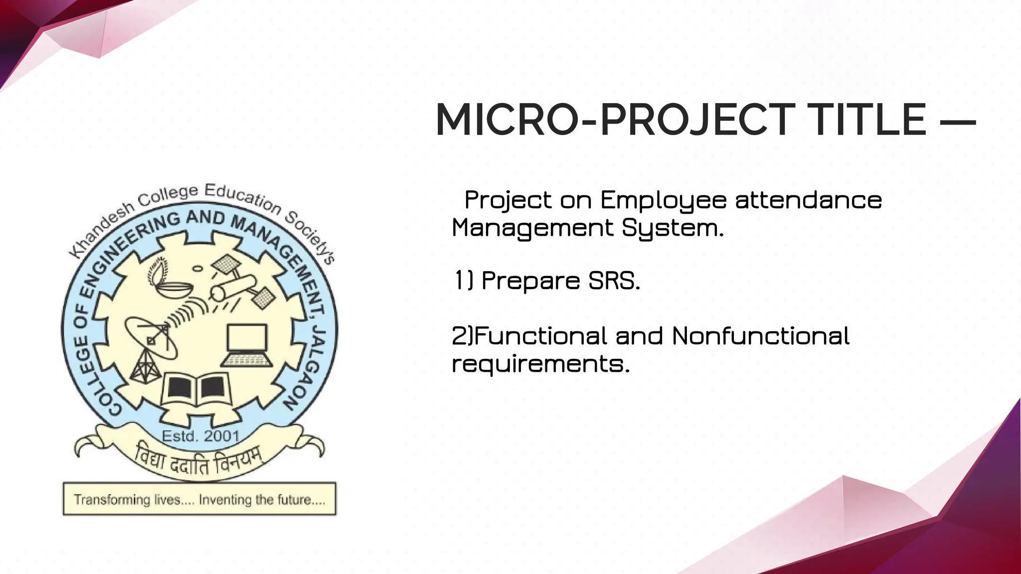 Project on Employee attendance Management System. 1) Prepare SRS 2 ...