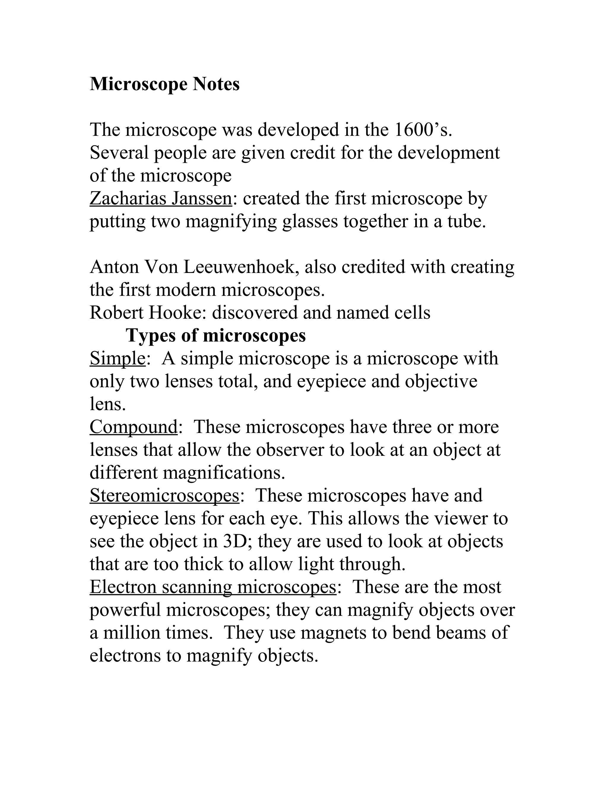 Microscope notes | DOC | Photography | Arts and Crafts