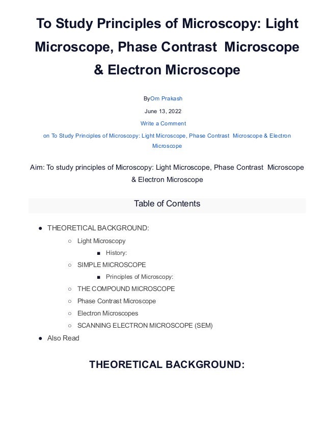 To Study Principles of Microscopy: Light Microscope, Phase Contrast ...