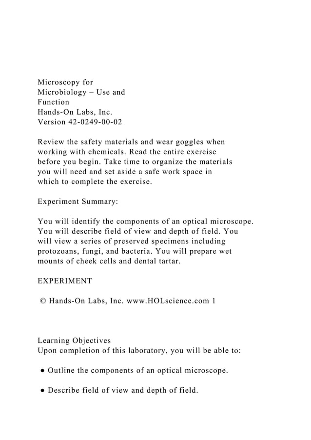 Microscopy for Microbiology – Use and FunctionHands-On L.docx