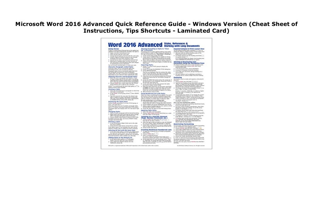 Microsoft Word 2016 Advanced Quick Reference Guide Windows Version