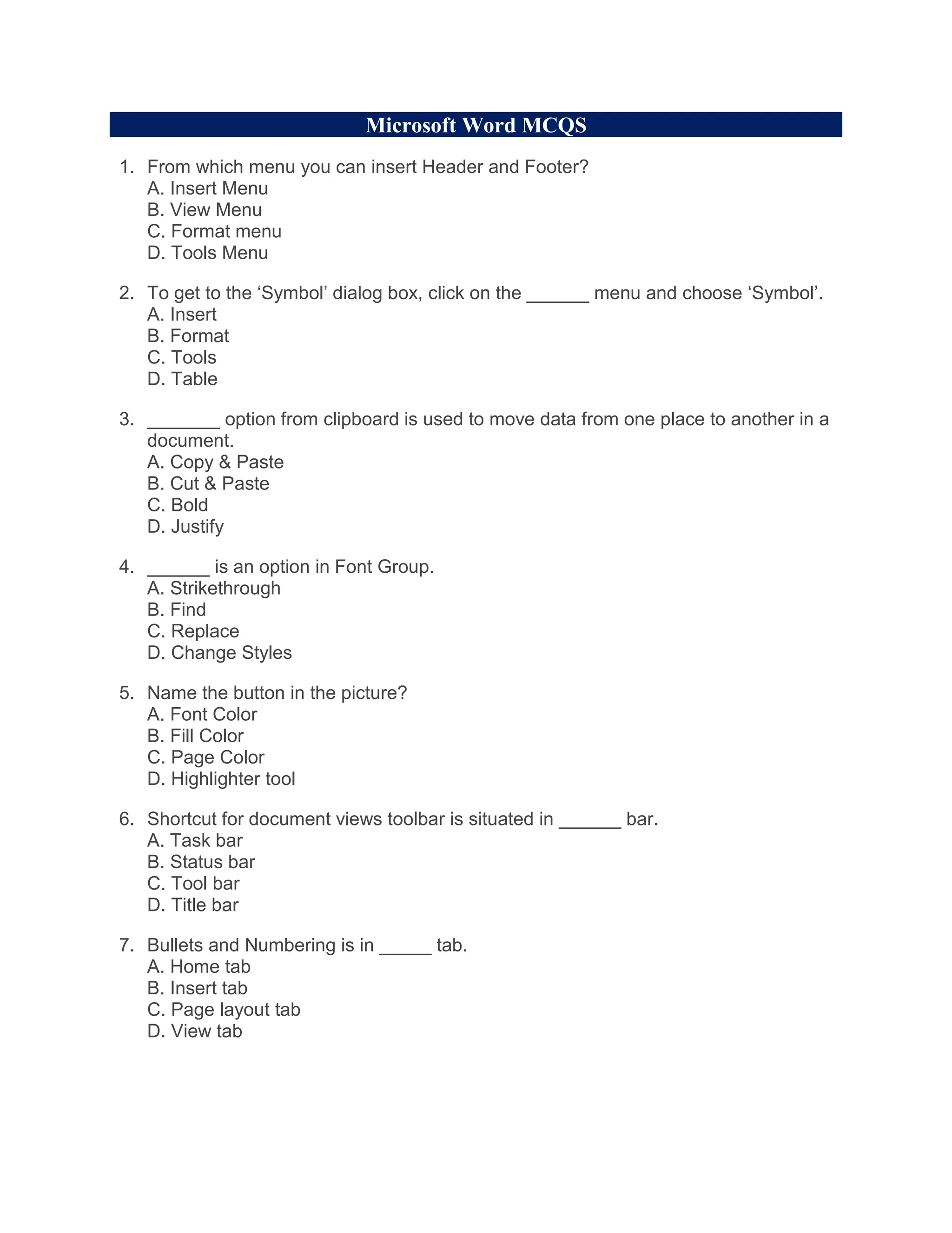 Notes MS Word MCQ Question FSc Matric ICS | PDF