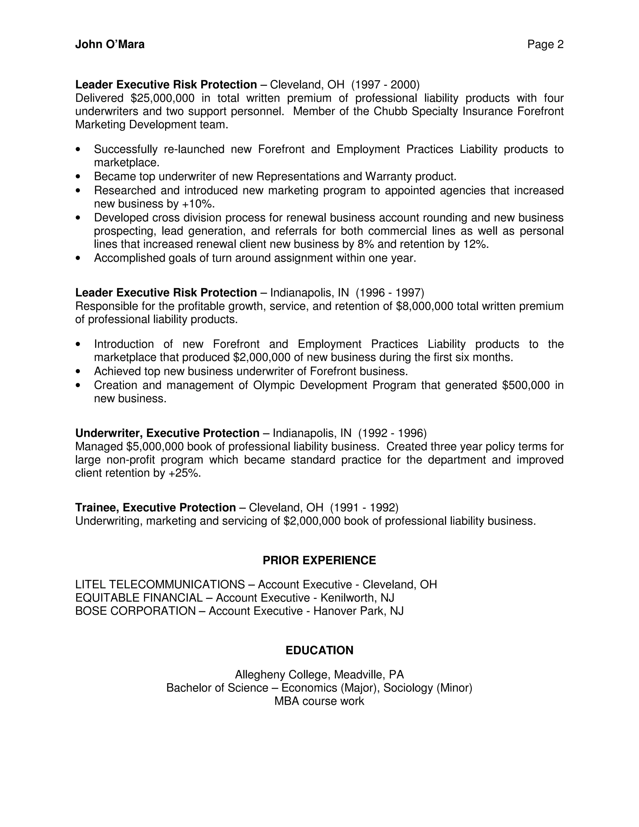 Microsoft Word John O Mara Resume | PDF | Insurance | Personal Finance