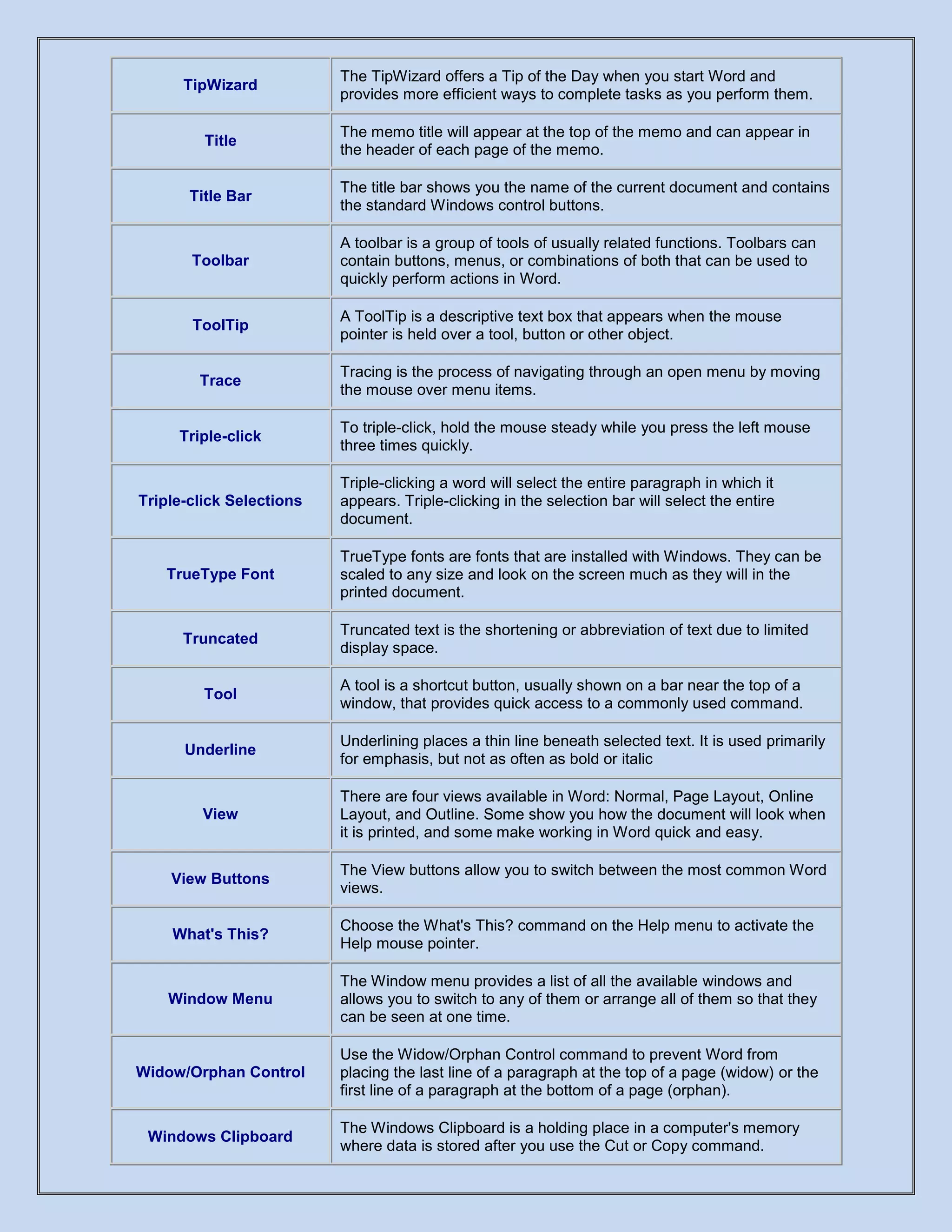 Microsoft 2010 word glossary | DOCX