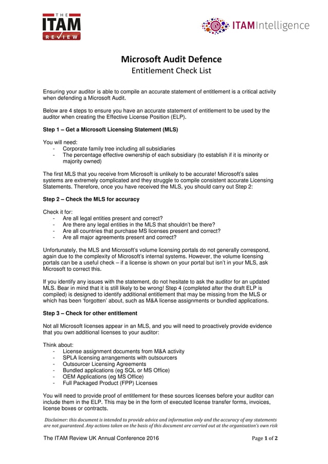 Microsoft audit defence entitlement check list | PDF