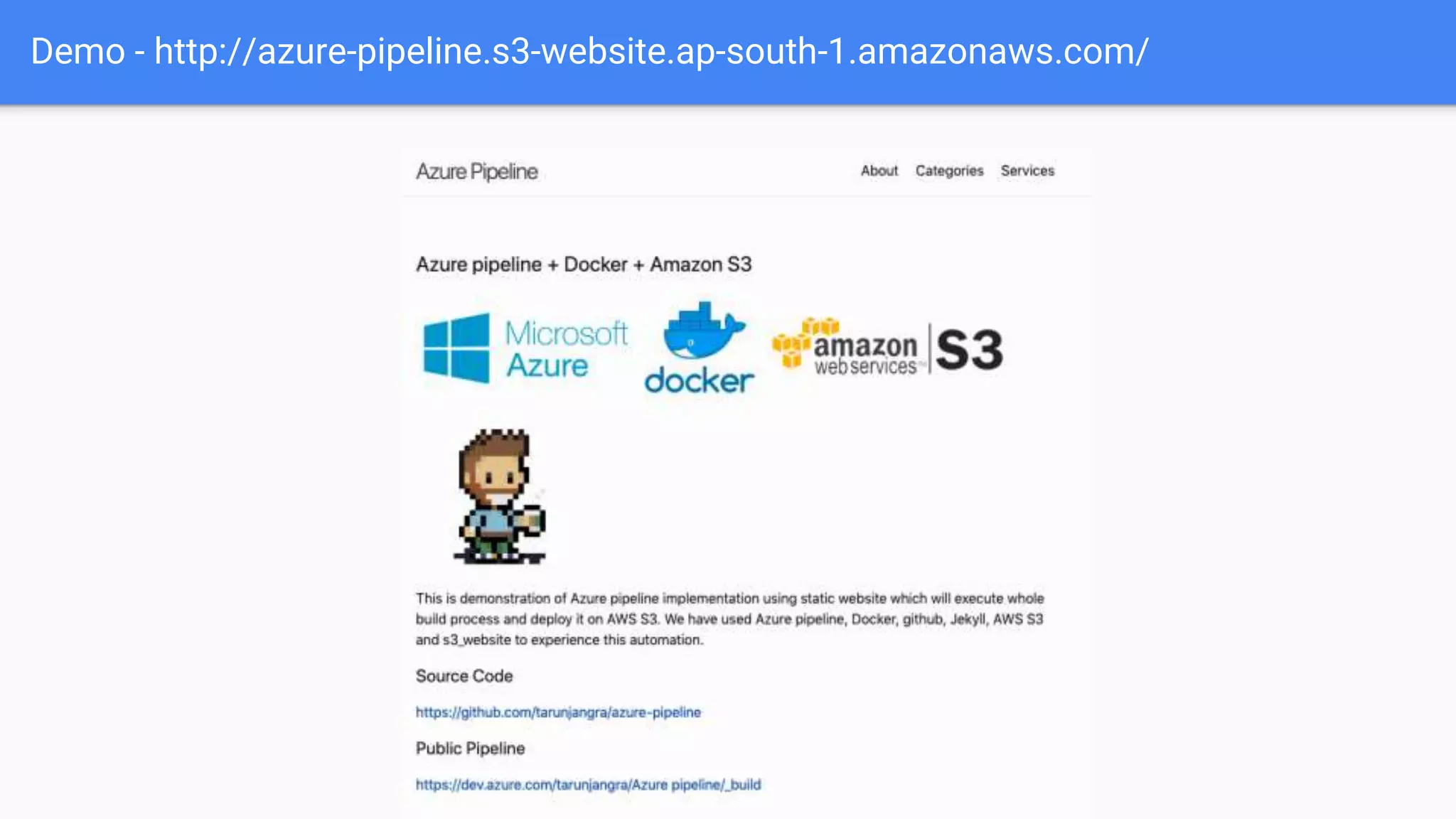 Microsoft azure pipeline + Docker + Amazon s3 + Jekyll + github | PPT